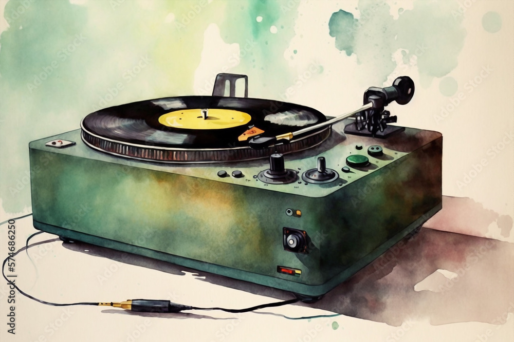 an old retro turntable,in 70s style, watercolor, nostalgic mood ...