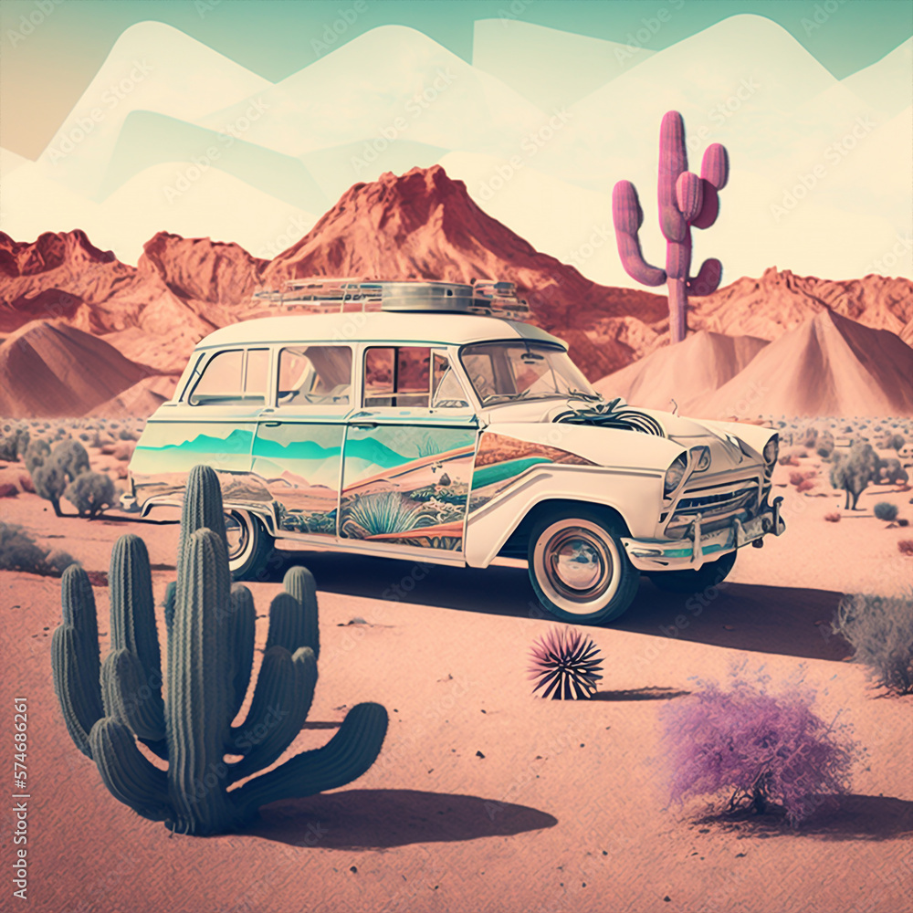 surreal dreamy pop collage travel theme, vibrant pastel colors, a ...