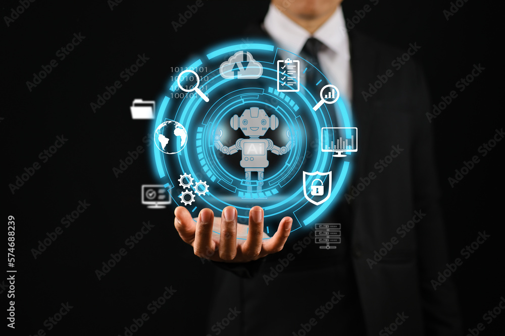 Businessman showing robot icon for work support, concept of using ...