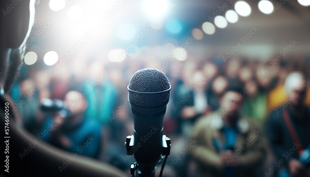 Person Speaker or talking on stage with spotlight and many people ...