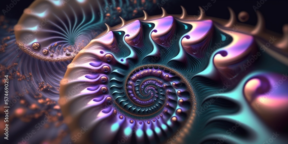Iridescent purple shimmer ammonite shell spiral, fossilized in ancient ...