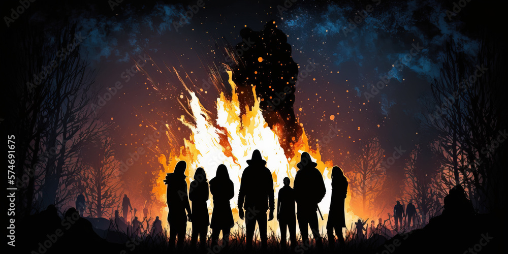 Cartoon style people silhouettes watching easter fire or bonfire ...