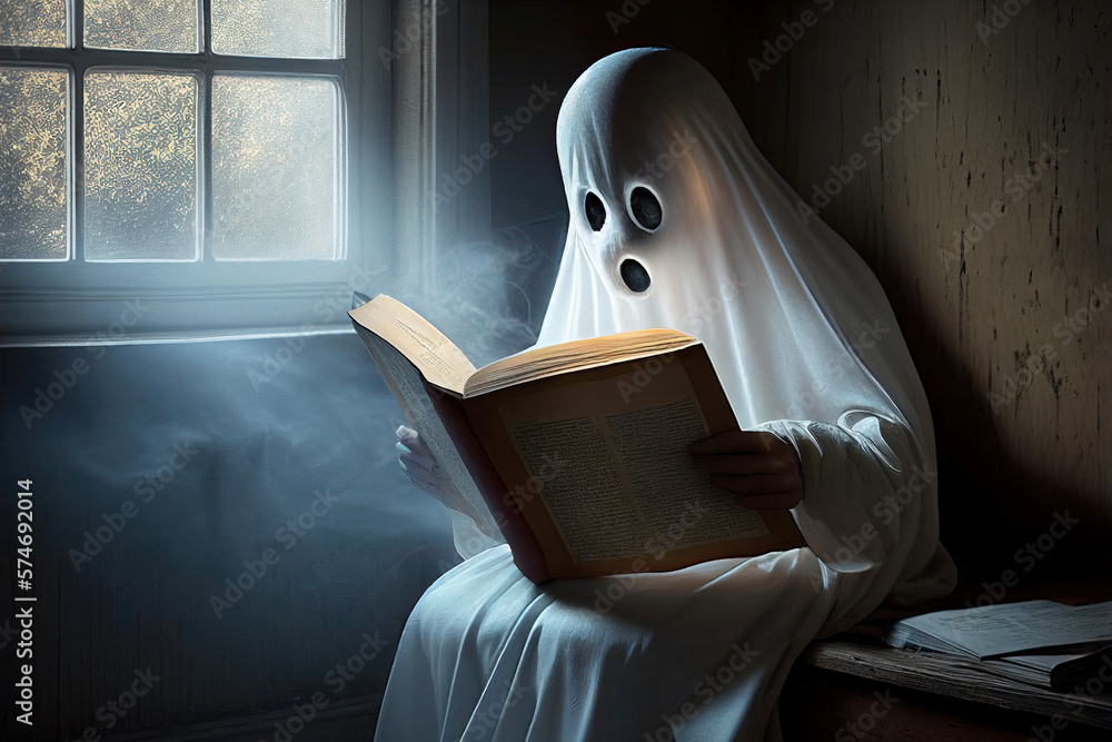 Ghost reading book or ghost story. Generative AI. Stock Illustration ...