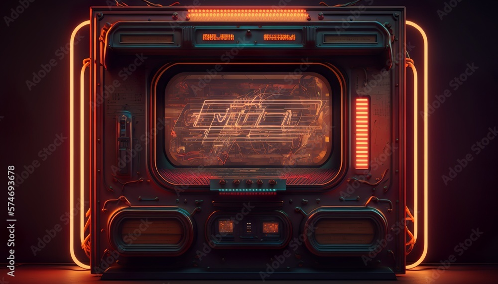 Dark sci-fi television device with cyberpunk screen and neon display in ...