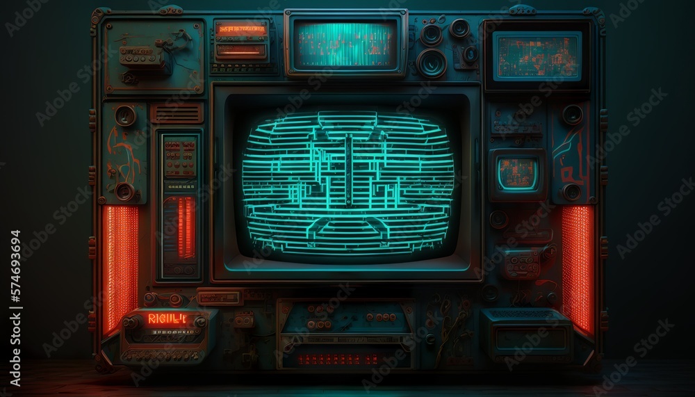 Dark sci-fi television device with cyberpunk screen and neon display in ...