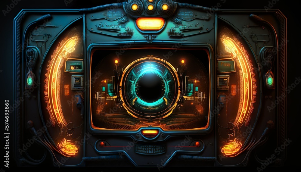 Dark sci-fi television device with cyberpunk screen and neon display in ...