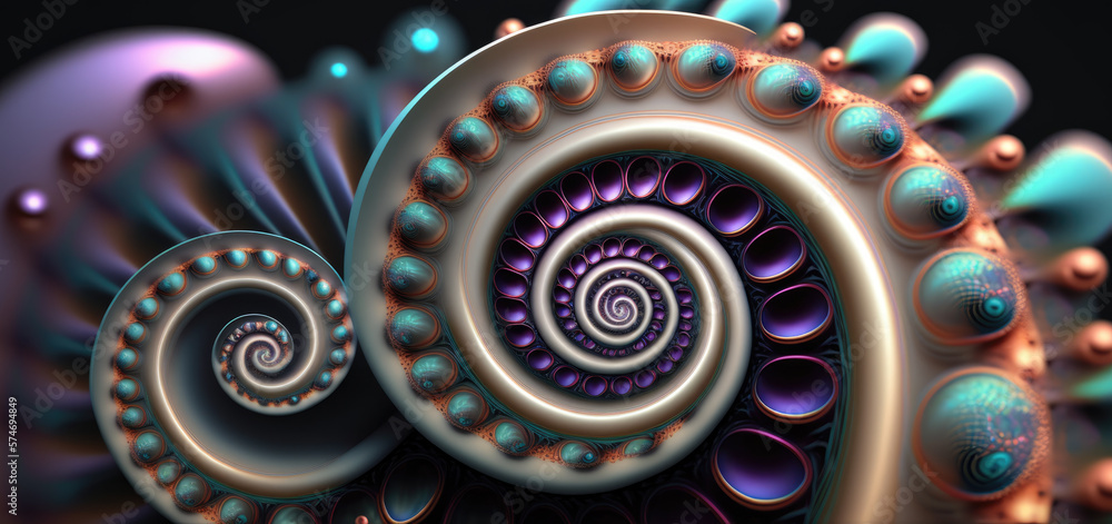 Iridescent purple shimmer ammonite shell spiral, fossilized in ancient ...