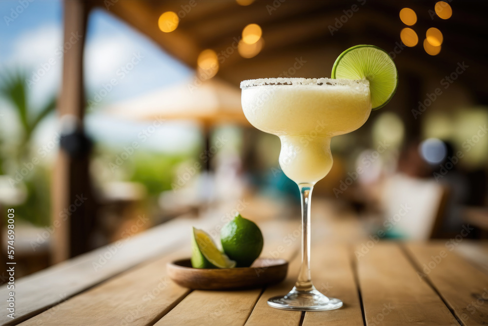 A cocktail on a wood table in a blurred beach bar made with Generative AI. Stock Illustration ...