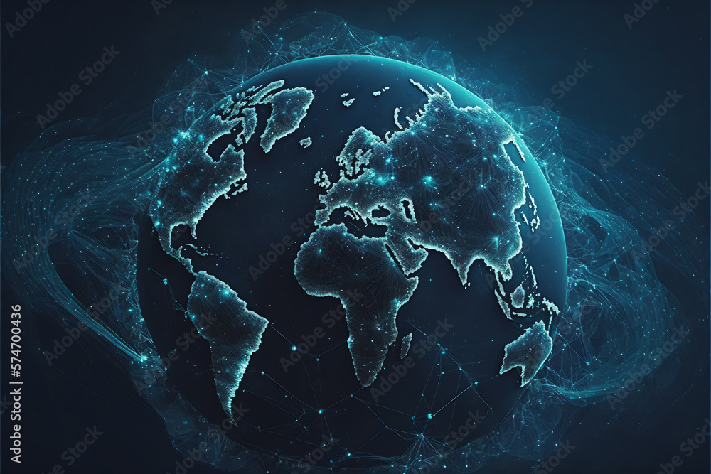 Earth Communications network map of the world. Dark blue background map ...