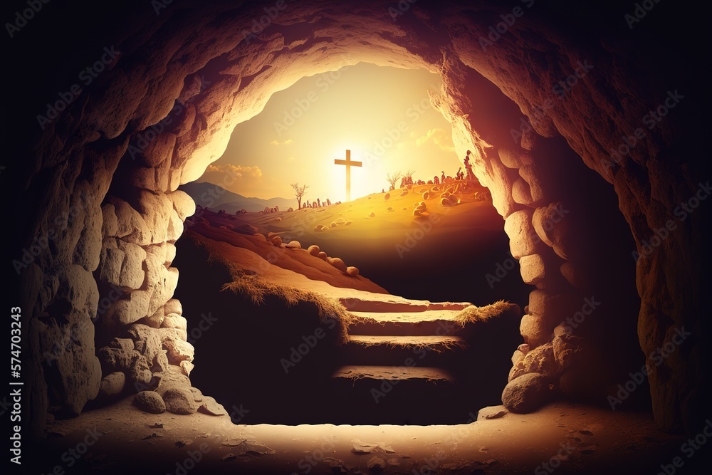 Crucifixion and Resurrection. Empty tomb of Jesus with crosses in the ...