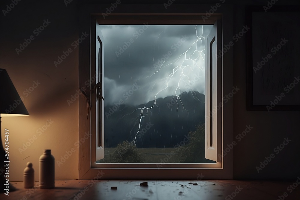 Storm, rain, thunder - open window created with Generative AI ...