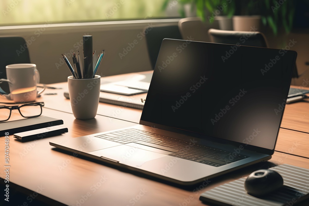 office desk with laptop, Laptop computer with opened lid, Desk PC Setup ...