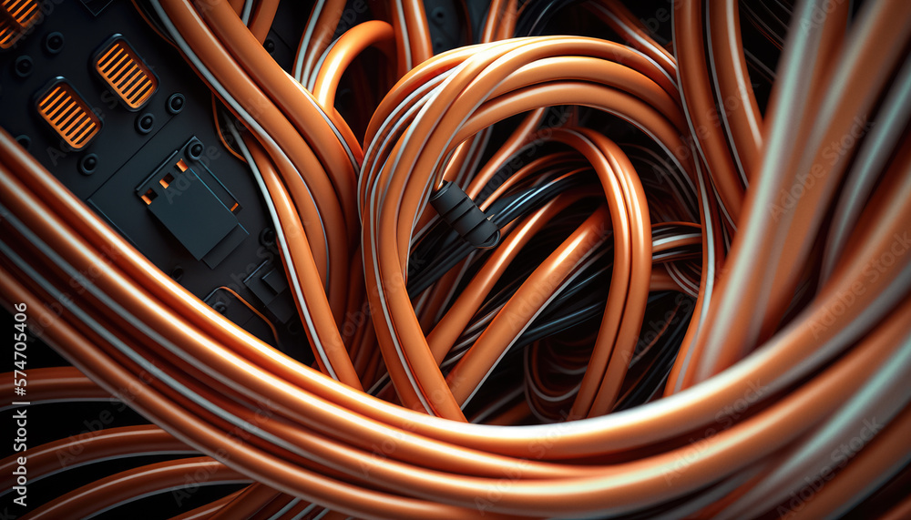 Pile of tangled orange wires, sysadmin hell, backgroundl. Generative AI ...