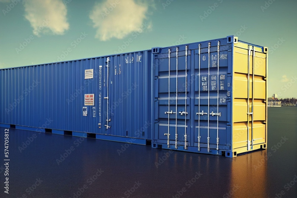 Cargo container with boxes. Blue metal box in sky. Flying cargo ...