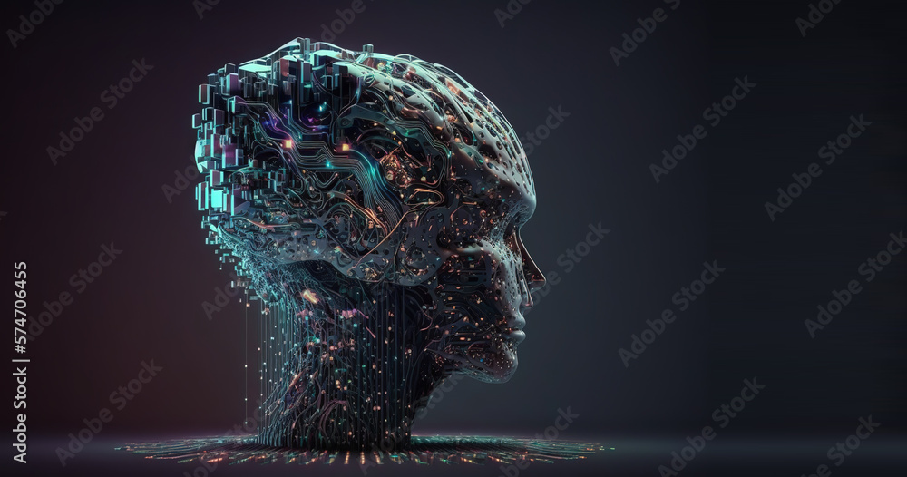 Artificial intelligence, a humanoid cyber girl with a neural network thinks. Artificial ...