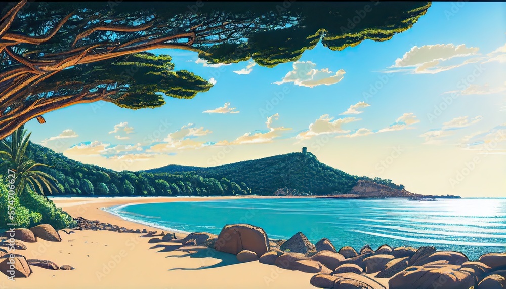 Sky and sun at sea background, ocean and beach vector island scenery ...