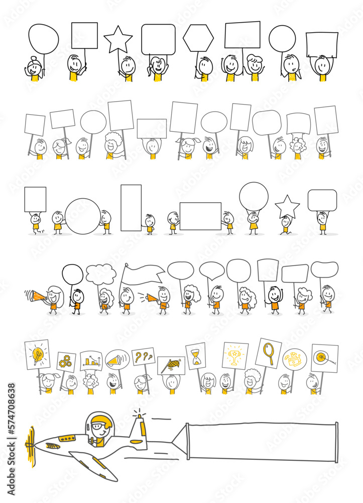 Stick figures. Empty banner set. Vector illustration of people holding ...