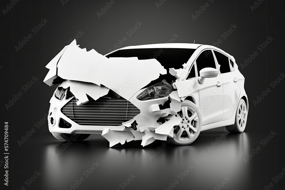 The white car's front end was smashed in a road collision. In a ...
