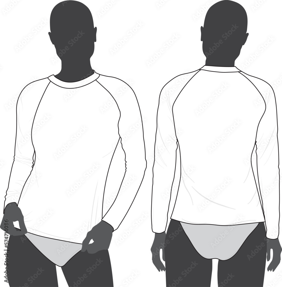 Women raglan rash guard swimwear fashion flat sketch model template ...