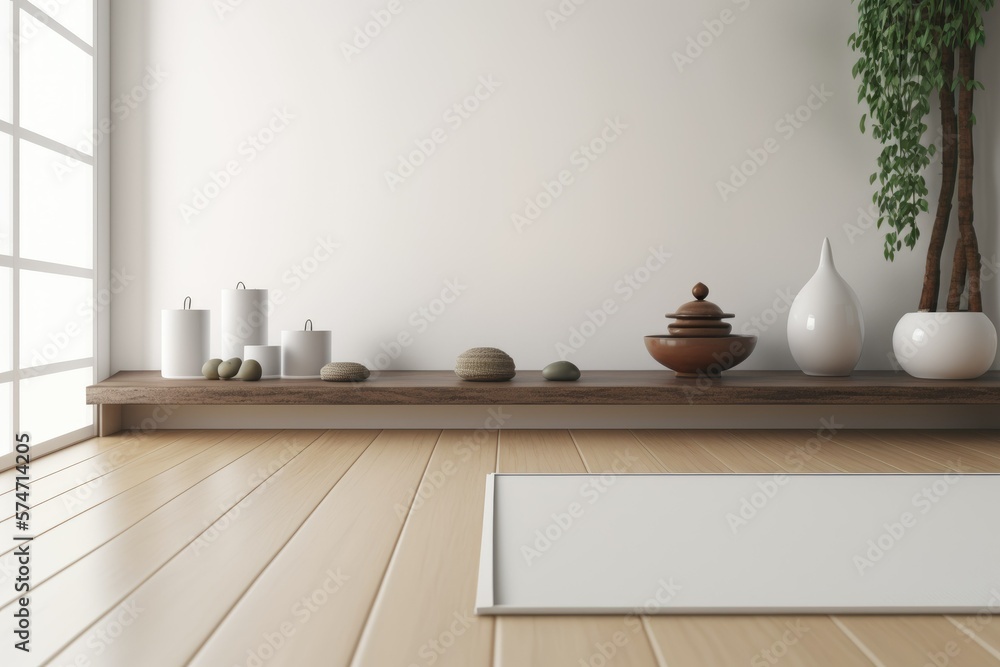 Zen feeling, empty yoga classroom with mats and supplies, meditation ...