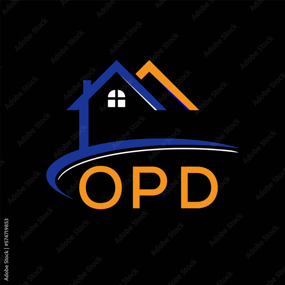 OPD house logo, letter logo. OPD blue image on black background and ...