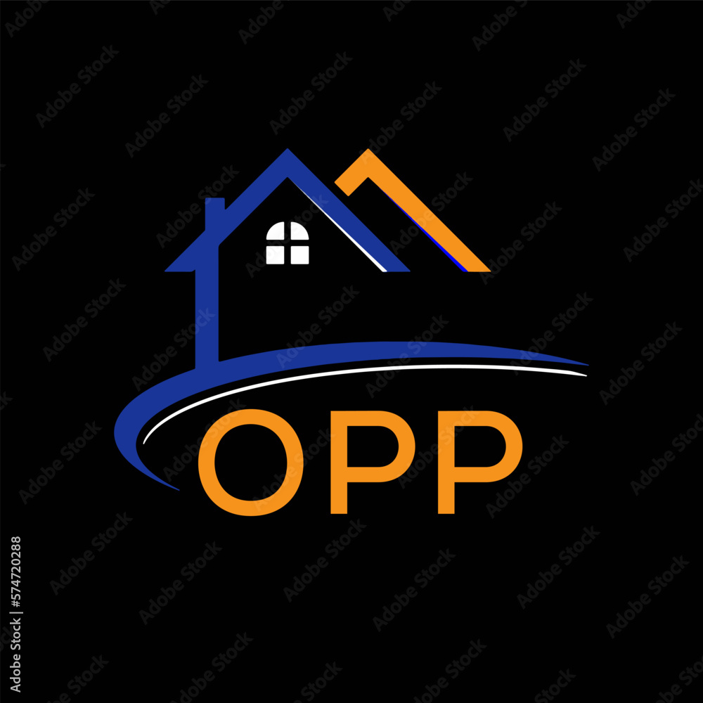 OPP house logo, letter logo. OPP blue image on black background and ...