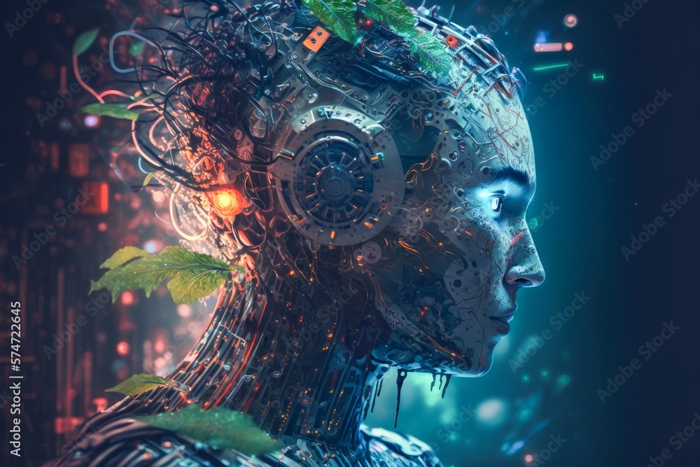Neural network artificial intelligence as a human sci-fi cyborg character illustration. Analyses ...