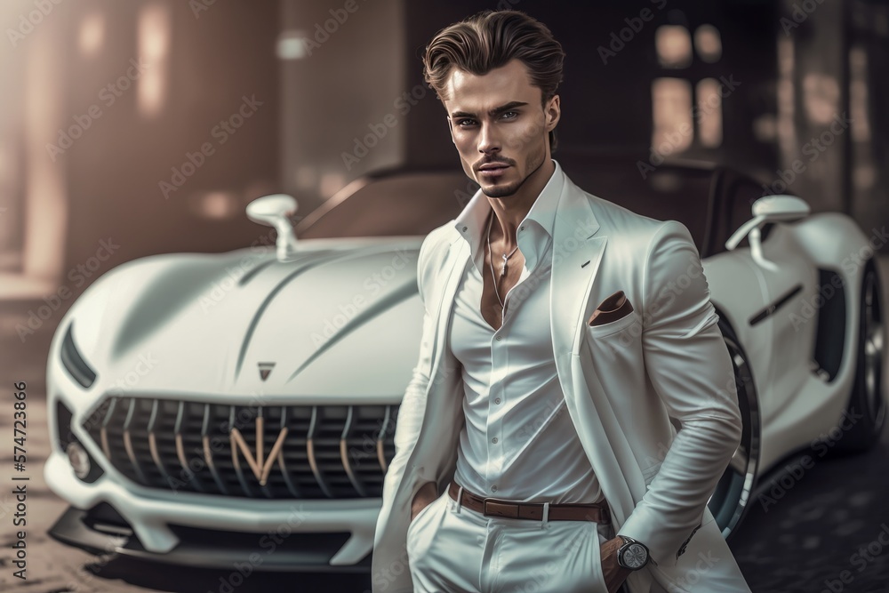Incredibly rich and attractive young millionaire man in white posing in ...