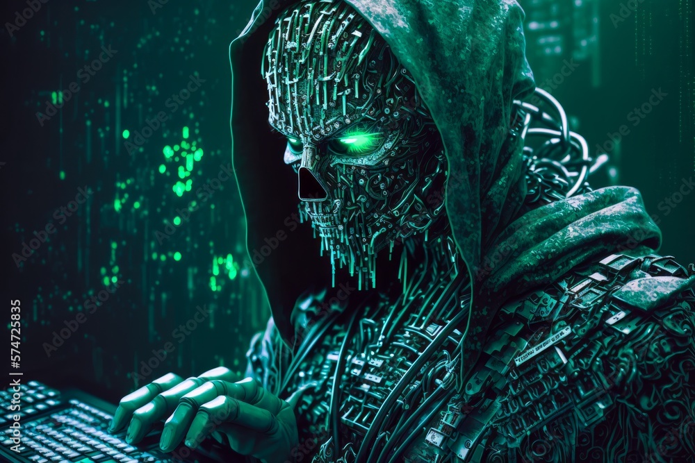 AI cyborg hacker neural network wears hooded cloak. Analyses your big data personal banking ...