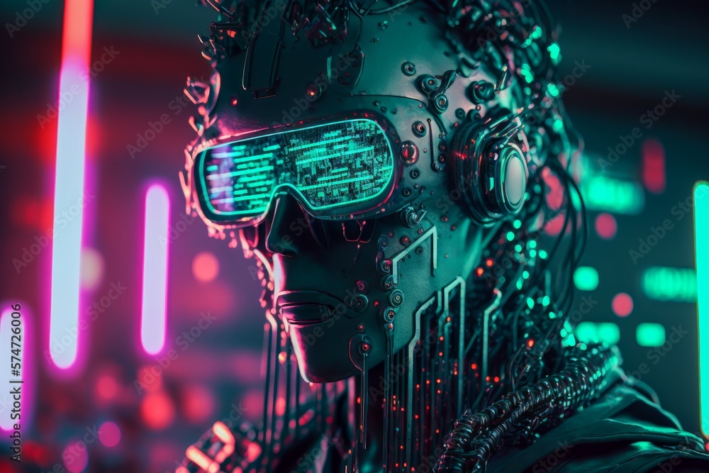 AI cyborg hacker neural network wears VR goggles. Analyses your big data personal banking ...