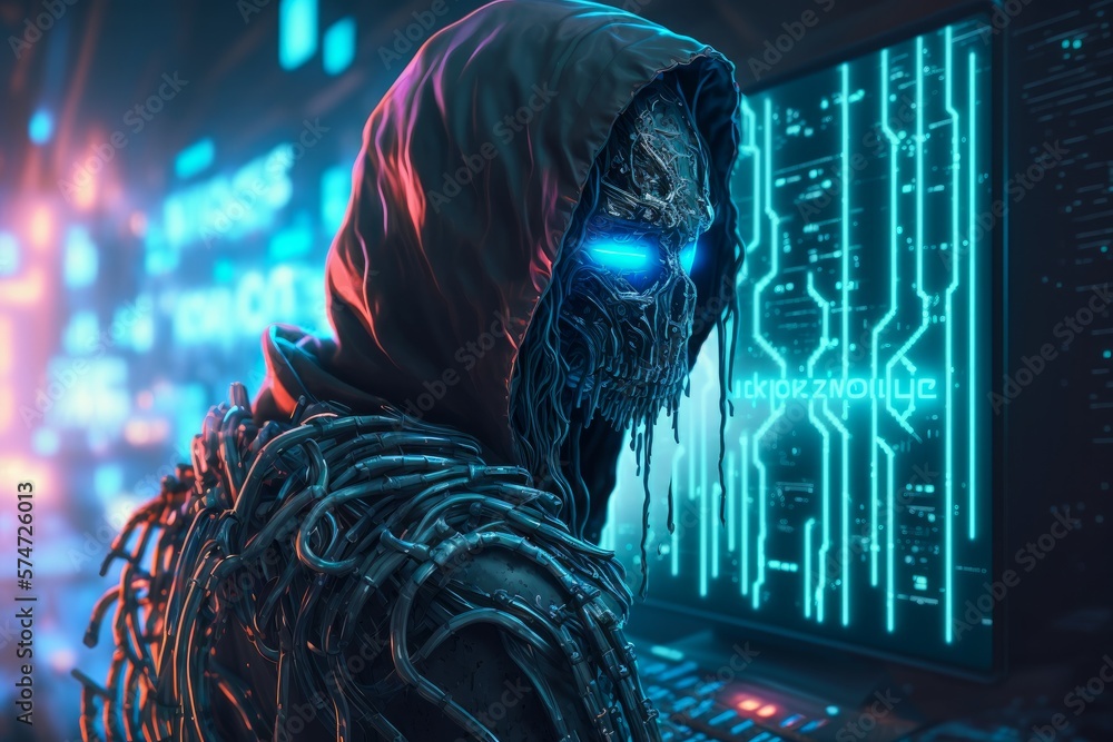 AI cyborg hacker neural network wears hooded cloak. Analyses your big data personal banking ...