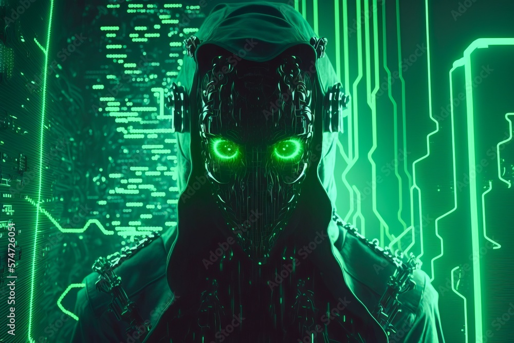 AI cyborg hacker neural network wears hooded cloak. Analyses your big data personal banking ...