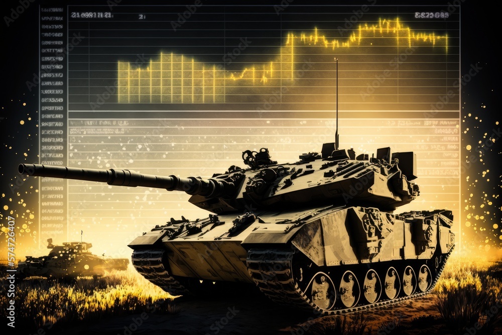 Military tank on the background of charts, tables with technical ...