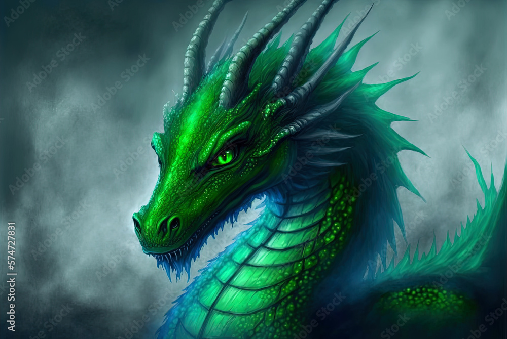 Green dragon portrait, mysterious monster from farytales and symbol of ...