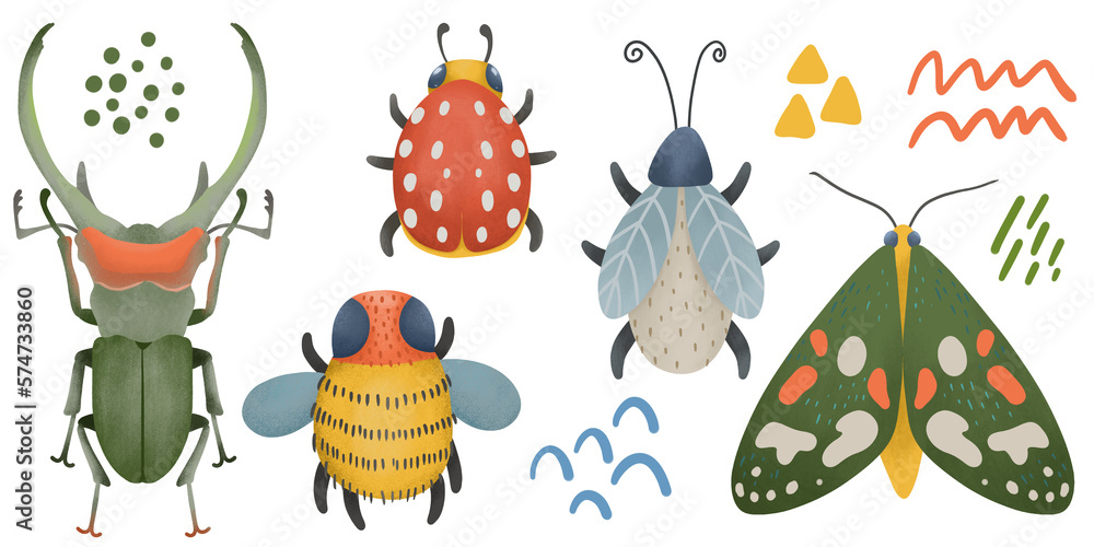 Cute cartoon insects isolated on transparent background. Colorful ...