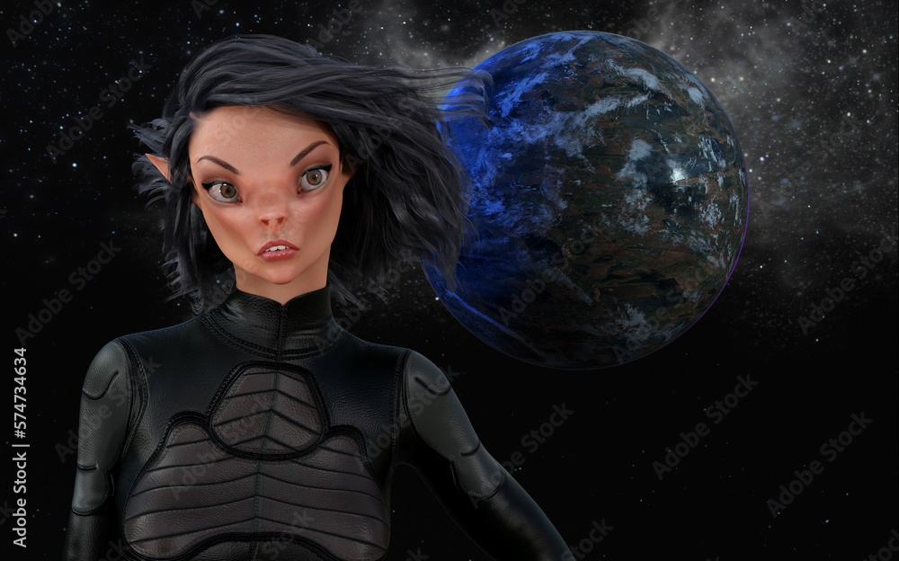 Illustration of an alien with dark hair and pointy ears wearing black ...