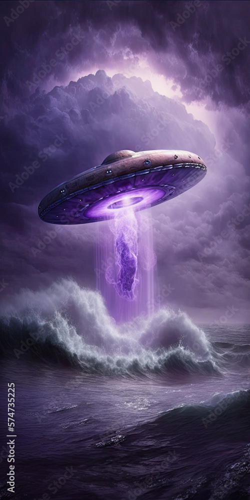 generative ai illustration, a floating purple colored ufo above stormy ...