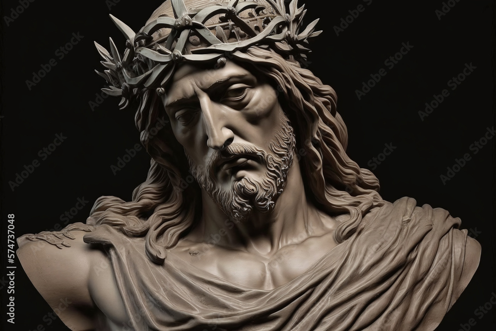 Jesus Christ with crown of thorns front view on black background. Face ...