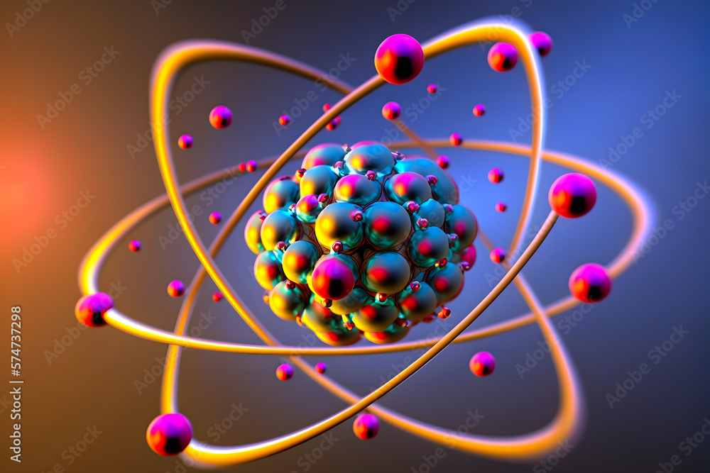 Enlarged model of an atom with a nucleus of protons, neutrons and ...