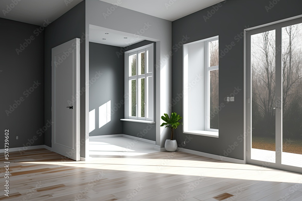 Grey walls, a glossy parquet floor, white plinth, a large full-wall ...