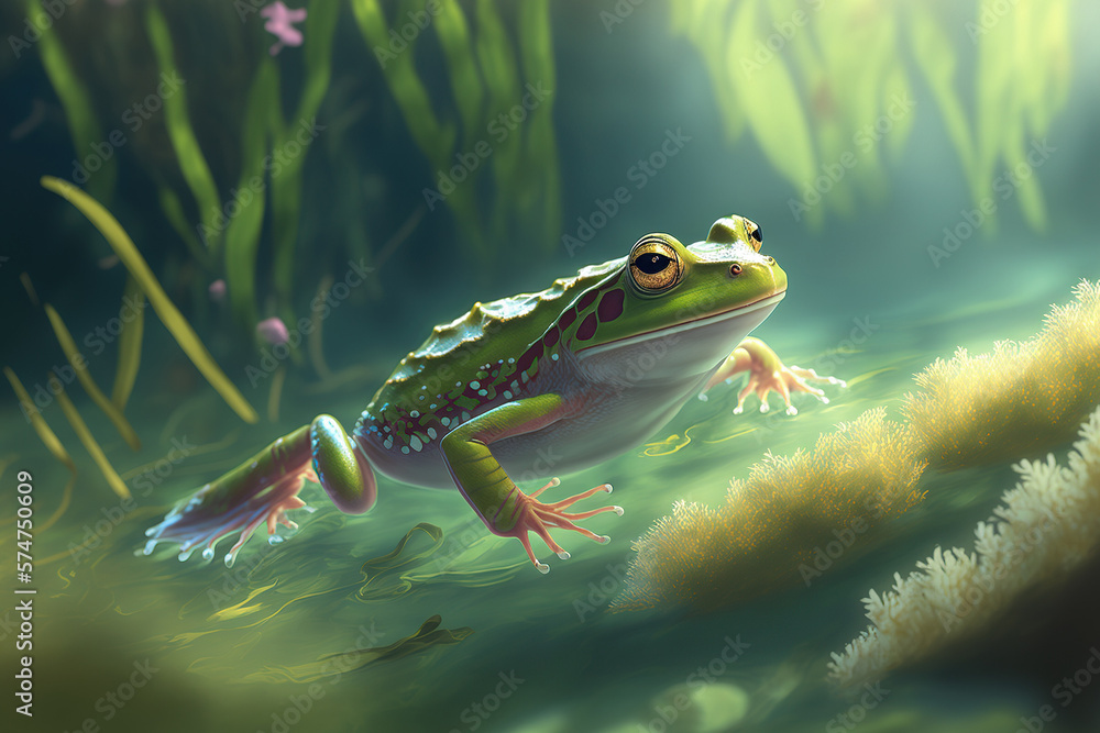 Tree frog with white tips Swimming in the water is litoria infrafrenata ...