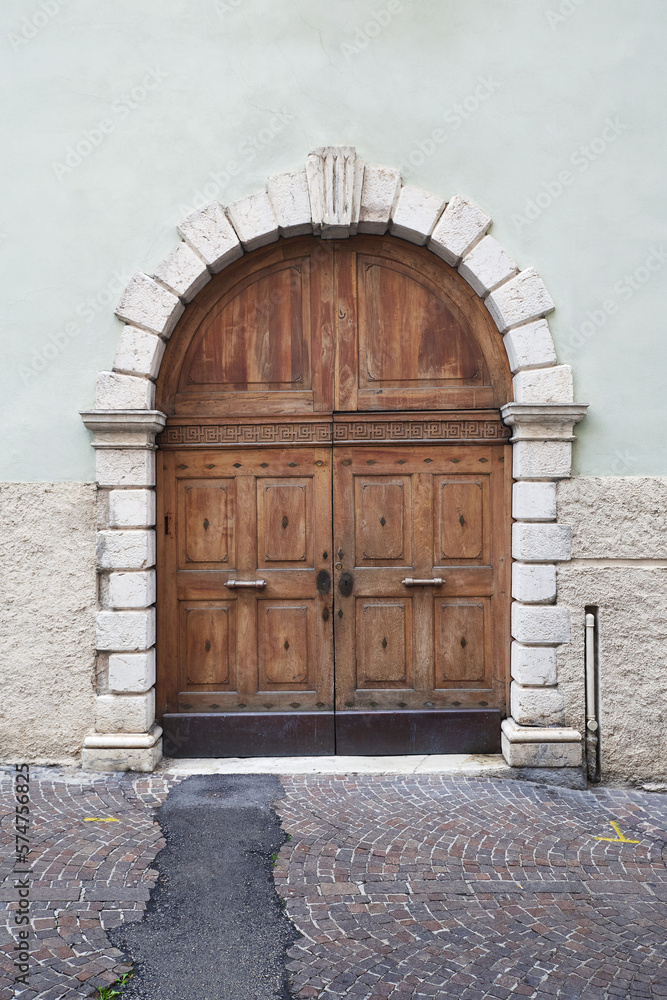 Italian retro wood style front door, the main entrance. Element of the ...