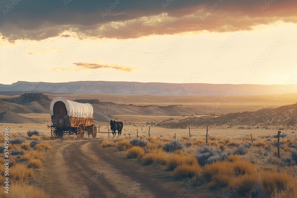 A horse and wagon on a trail in the old West. Cowboy movie. A horse and ...
