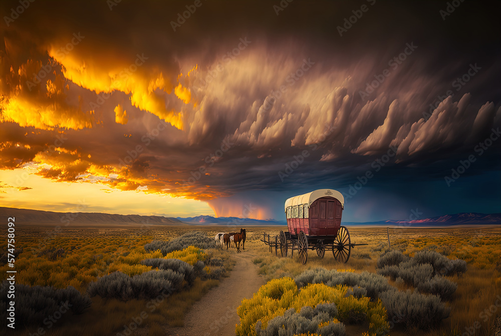 A horse and wagon on a trail in the old West. Cowboy movie. A horse and ...