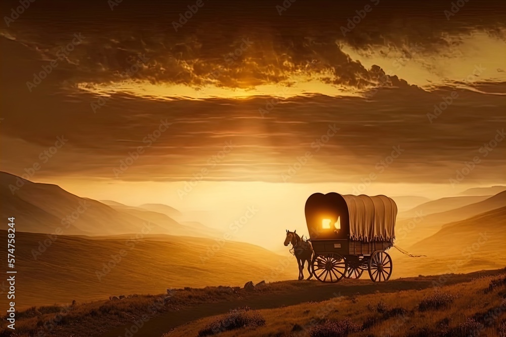 A horse and wagon on a trail in the old West. Sunset scene in cowboy ...
