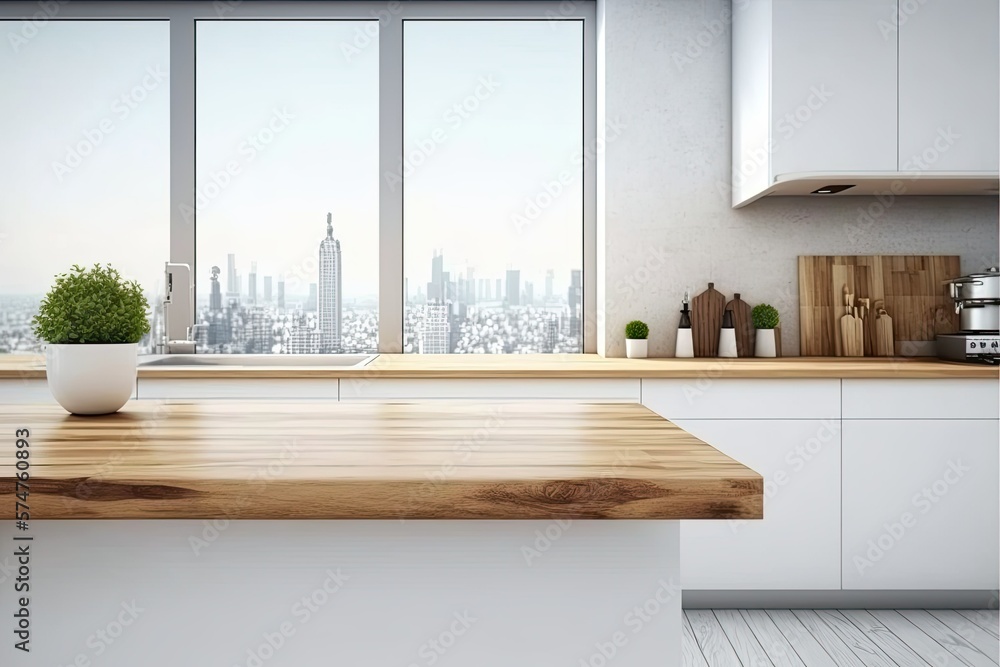 Wooden countertop in white kitchen with panoramic window. Product ...