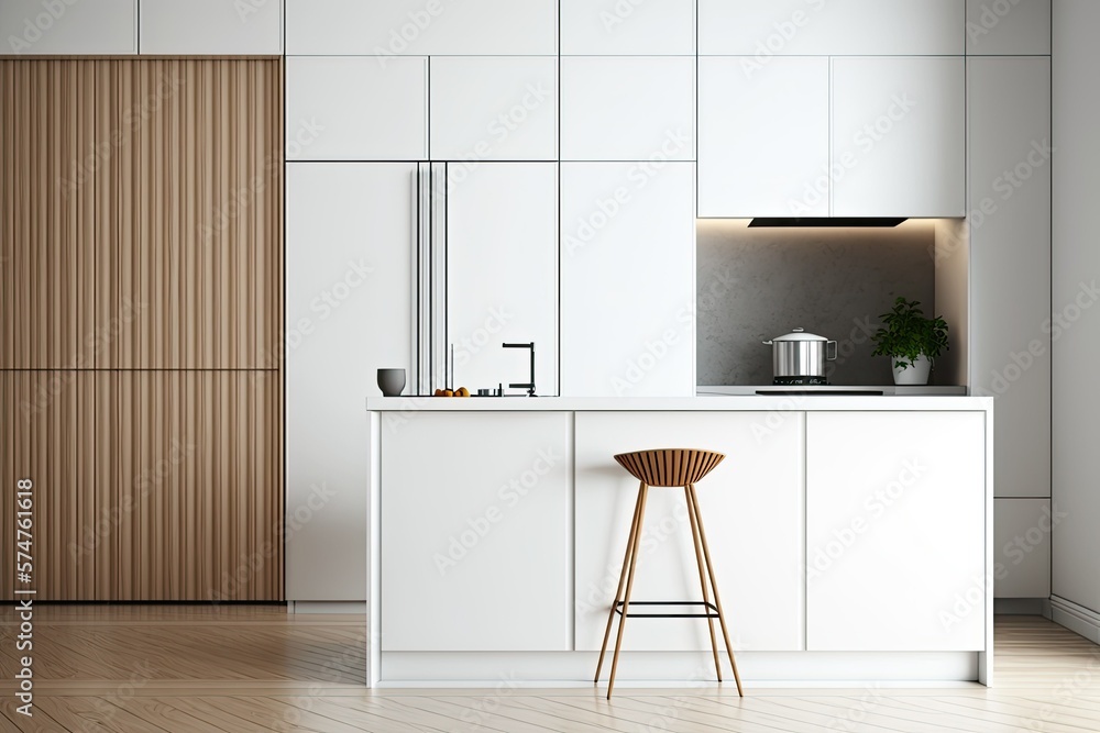 Close-up of a wood panel, contemporary white kitchen with island and ...