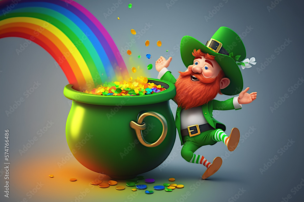 Happy St. Patrick's Day concept with leprechaun, gold pot and rainbow ...
