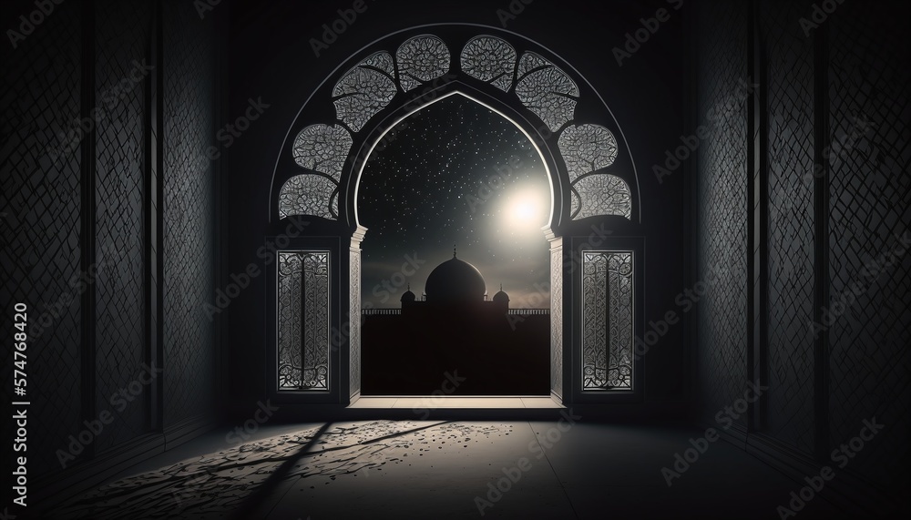 light through the window of a Islamic mosque interior moonlight shine ...