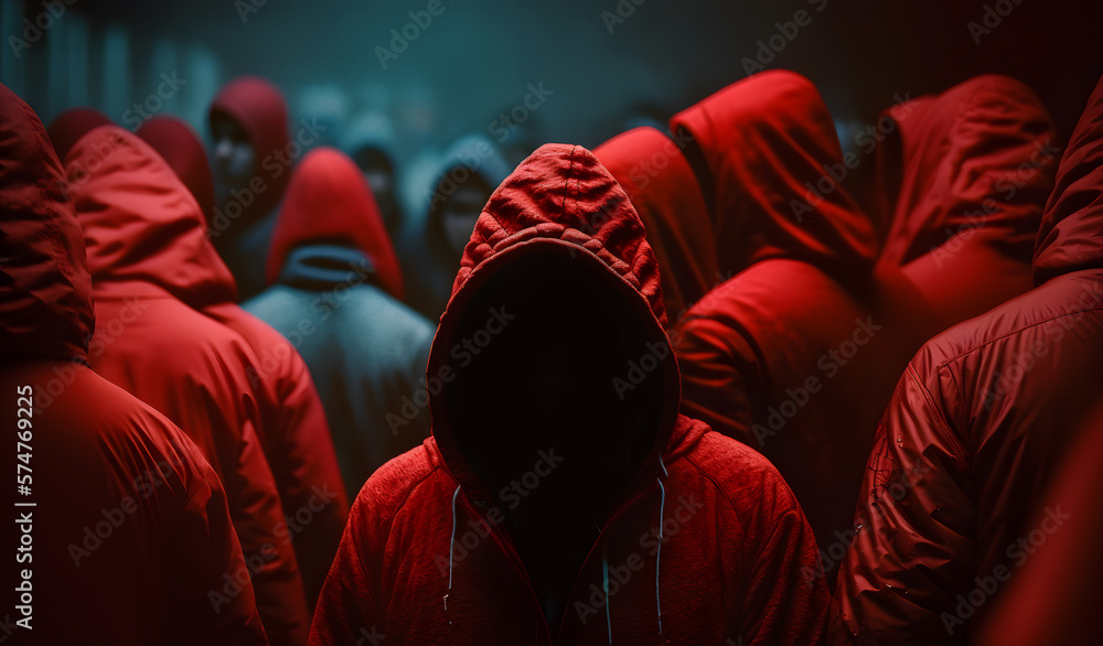 Ceremony of Cultists sect in hood red, dark background. Concept devil ...
